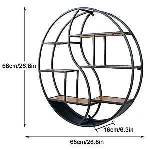 Drsyffsup Round Wall Floating Shelves ，Industrial Metal Wall Decoration Storage Shelf with Wood Board,Display Wine Rack Flower Pot Stand for Bedroom Living Room (Size : 68x16x68cm)