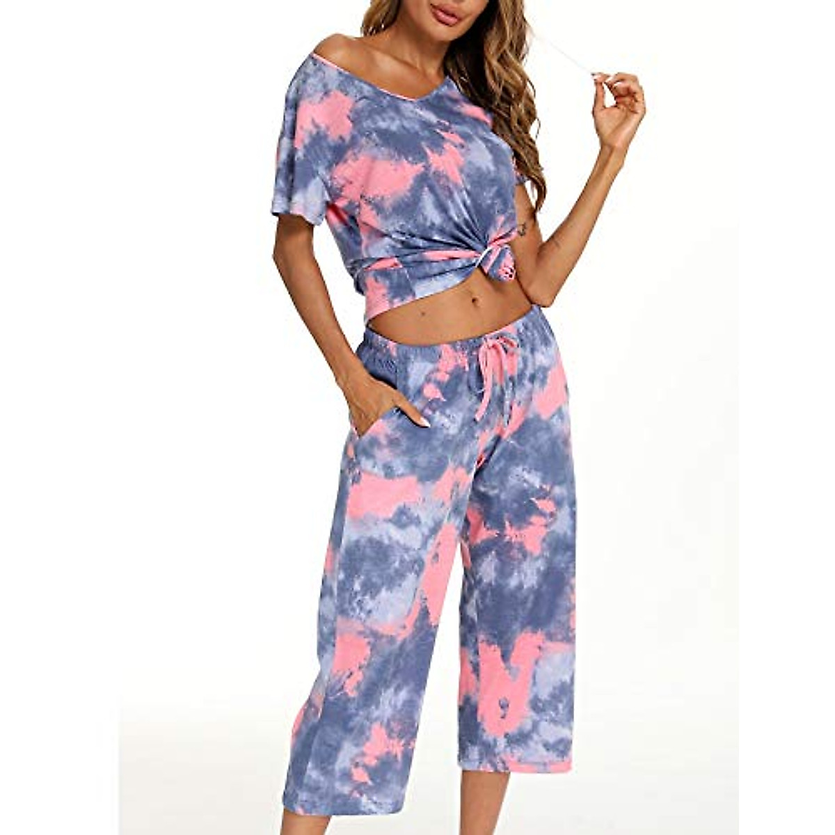 ENJOYNIGHT Women's Tie Dye Printed Pajama Sets Sleepwear Top with Capri Pants Lounge Sets with Pocket(X-Large, Blue Pink)