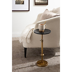 Kate and Laurel Engles Traditional Adjustable-Height Pedestal Drink Table, 10 x 10 x 30, Black Marble and Antique Brass, Vintage Round Indoor Metal Plant Stand with Authentic Marble Tabletop
