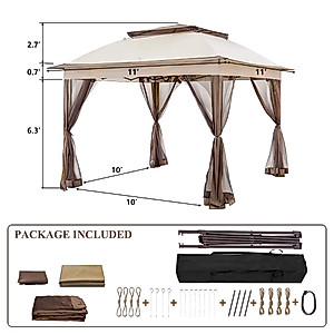 KEDY 11'x11' Pop Up Gazebo with Mosquito Netting, Outdoor Canopy Gazebo Tent for Patio, Deck and Backyard, w/Carry Bag, Beige