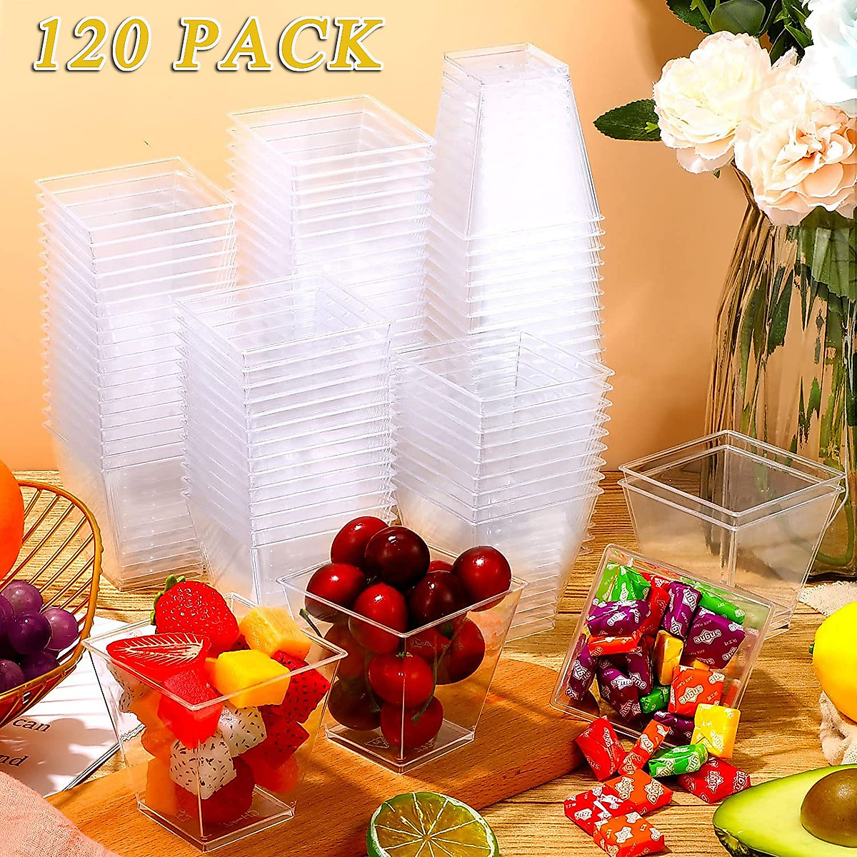 Pvieked 120 Pack 7 Oz Square Plastic Cups with Spoons, Appetizer Cups Clear Plastic Dessert Cups Small Tumbler Cups Disposable for Ice Cream, Fruit Puddings, Desserts, Wedding Party Catering Supplies