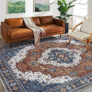 Washable Rug Living Room Rugs: 8x10 Area Rug Large Boho Medallion Distressed Carpets Indoor Soft Floor Anti Slip Carpet for Under Dining Table Bedroom Farmhouse Home Office - Blue/Orange Brown