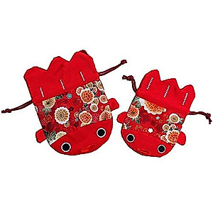 BARbee Red Japanese Chirimen & Kimono Print Fabric Goldfish Drawstring Pouch Coin Dice Purse Cosmetic Jewelry Key Travel Storage Bag Valentine's Day Gift Christmas Gift (Large)