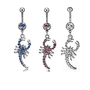 Kinsing 14G Dangle Animal Belly Button Ring Scorpion Navel Ring Pink 316L Stainless Steel CZ Body Piercing Jewelry For Women Girls