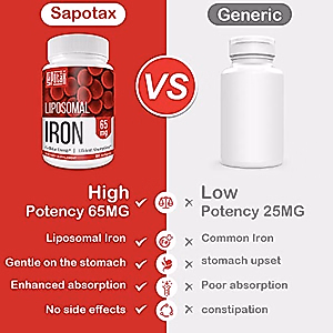 Liposomal Fe Iron Supplement for Women,65 mg Iron Supplements with Folic Acid & Vitamin B12 for Men,Red Blood Cell Production,Energy Support for Adults Iron Deficiency 60 Softgels(1 Bottle)