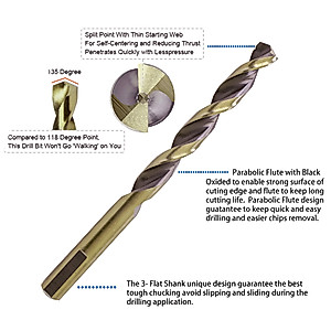 Hss Drill Bits 7/32 In. Jobber Twist Parabolic Flute Golden/Black 3-Flat Shank Drill Steel Metal-10Pcs