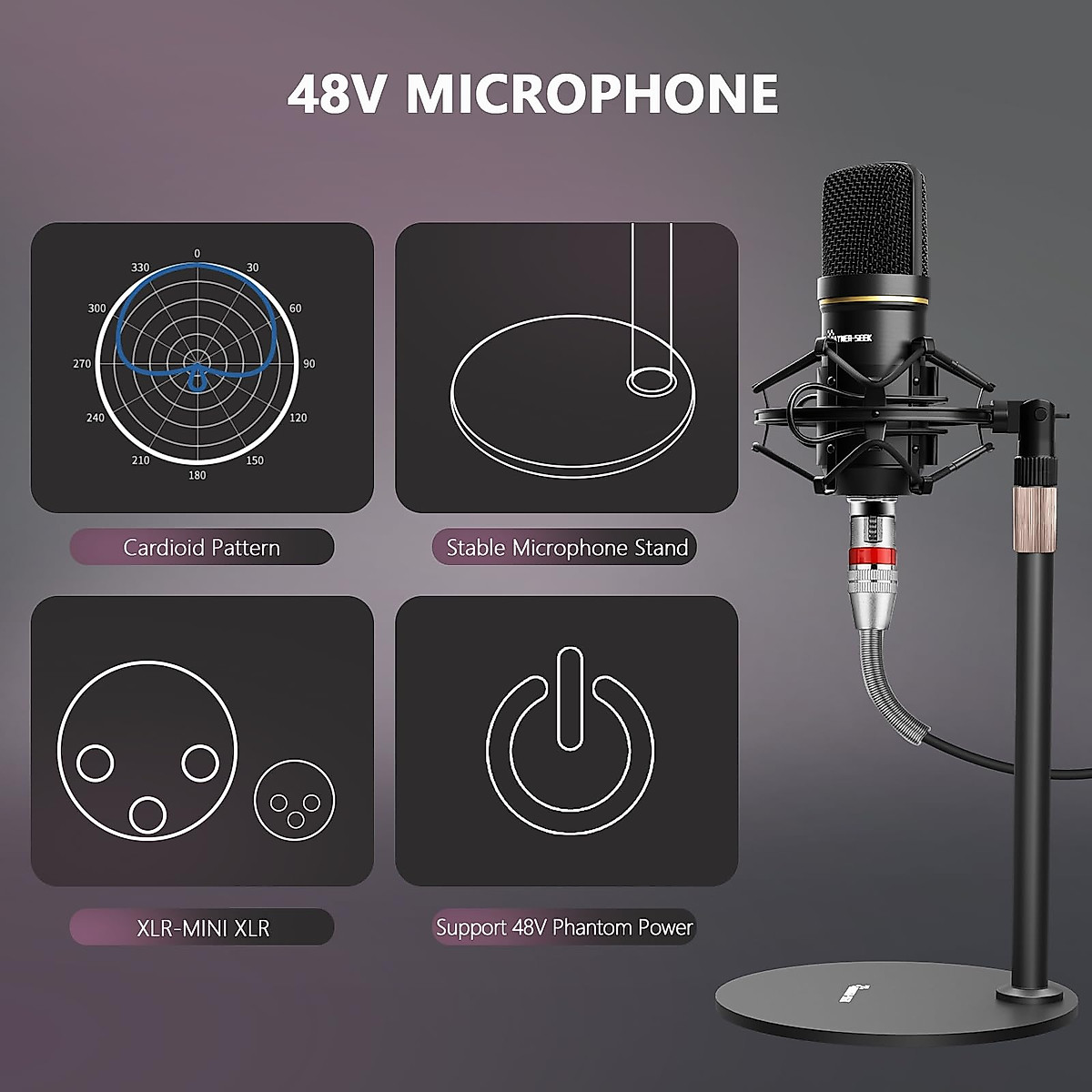 Podcast Equipment Bundle, Audio Interface DJ Mixer Podcast Microphone 48V Phantom Power Supply for Streaming Recording,Tiktok,Black
