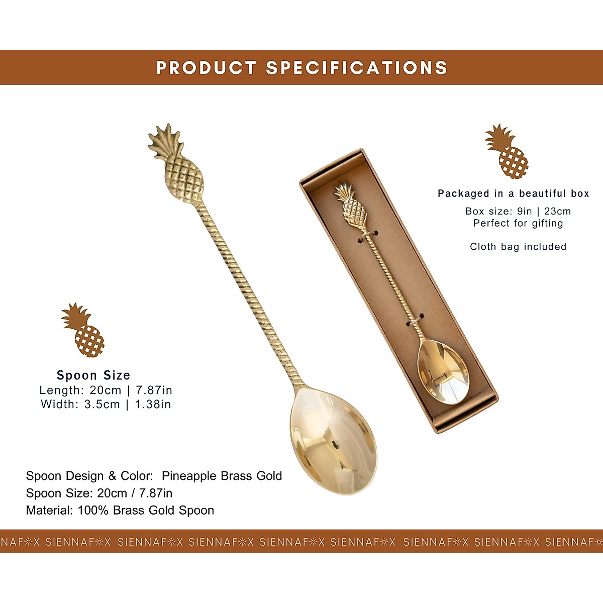 SiennaFox Large Brass Tropical Spoons Smoothies Bowl Gold Dessert Designer Mixing Cocktail Drink Stirrer Iced Coffee Bohemian Decor Bali Golden Decorative tableware Aesthetic Kitchen (Pineapple Spoon)