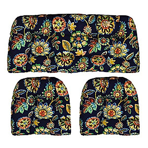 RSH Décor Indoor Outdoor 3 Piece Set - 1 Loveseat & 2 Wicker Tufted U - Shape Chair Cushions - Daelyn Navy Floral (41" x 19" & 19" x 19")