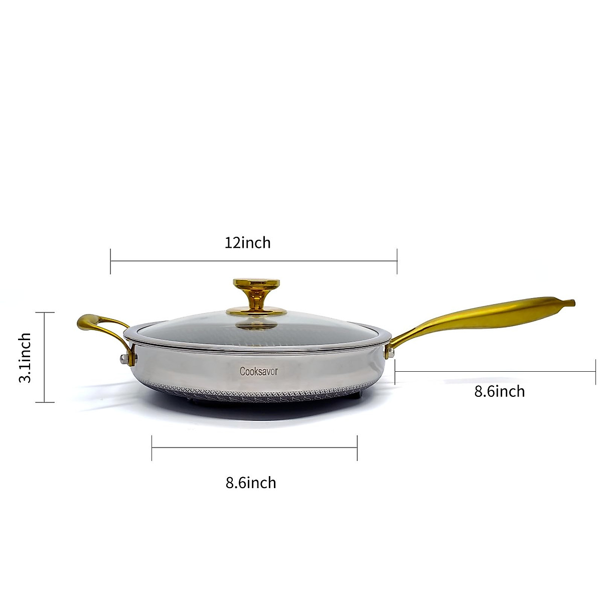 Cooksavor Hybrid Non Stick 12 inch Frying Pan with Lid, Stay-Cool Handle, PFOA-Free Cookware, Woks & Stir-fry Pans Nonstick, Dishwasher and Oven Safe