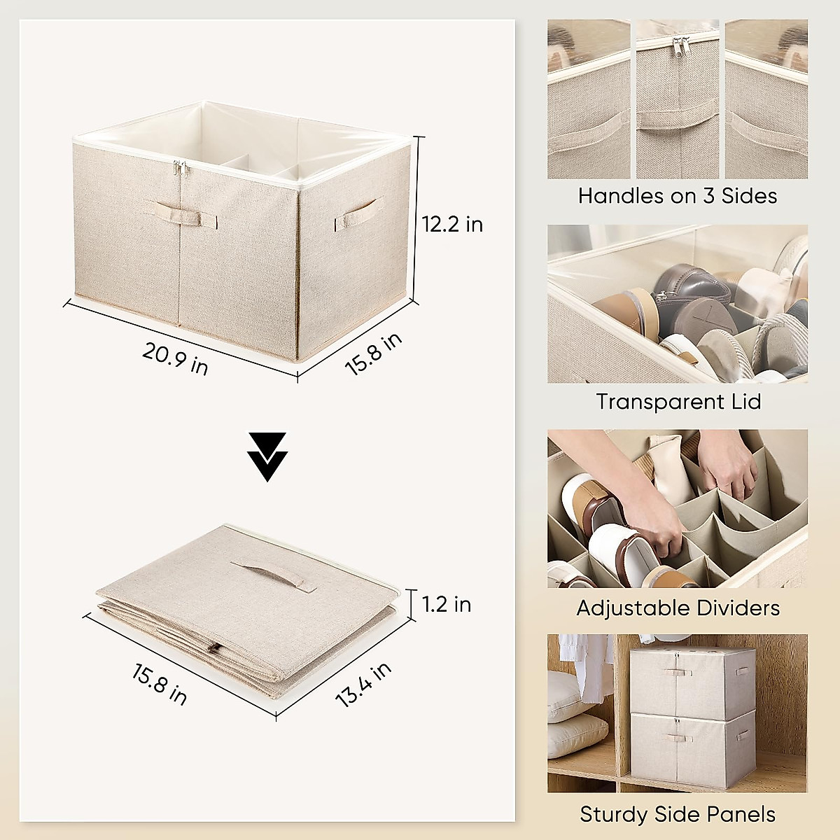 Homaisson 2-Pack Shoe Storage Organizer for Closet, Large Shoe Box Storage + 3 Pack Bed sheet organizers and storage, Foldable Sheet Set Organizers for Linen Closet (Khaki+Black)