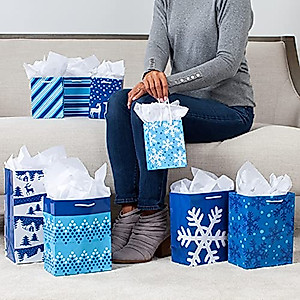 Image Arts Holiday Gift Bag Assortment (Pack of 16) Blue and White Stripes, Snowflakes, Reindeer, Winter Scenes