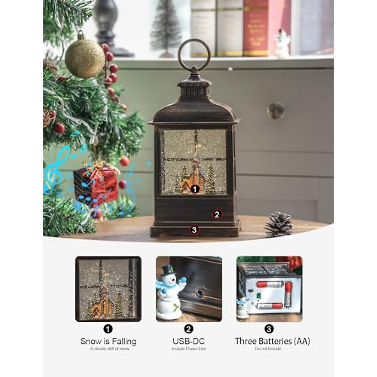 10.5" Christmas Snow Globe Lantern, Music Box, Rotating Snowflake Glitter Water Light with Timer, USB and Battery Powered Decoration (Church Christmas Tree)
