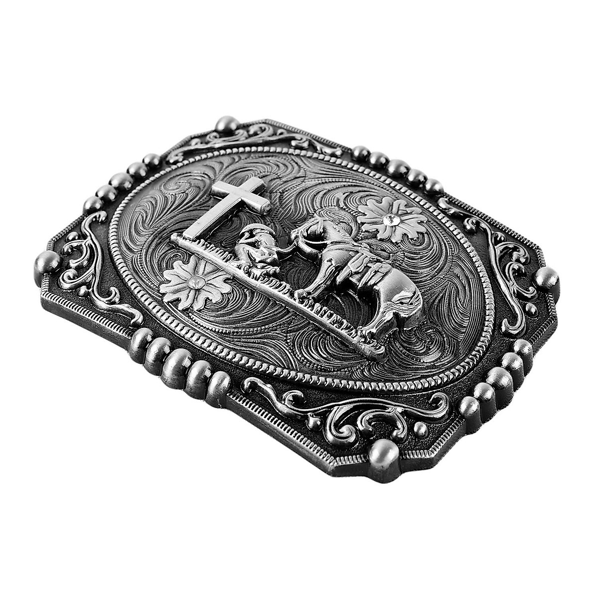 Moranse Religion Cross Cowboy And Horse Design Belt Buckles (Square Silver)