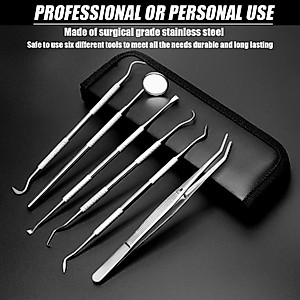 Dental Hygiene Tool Set Stainless Steel Dental Pick and Tweezers, Gum Floss, Tooth Scraper Plaque Tartar Remover for Personal Oral Care & Pet Use (6 Pack)