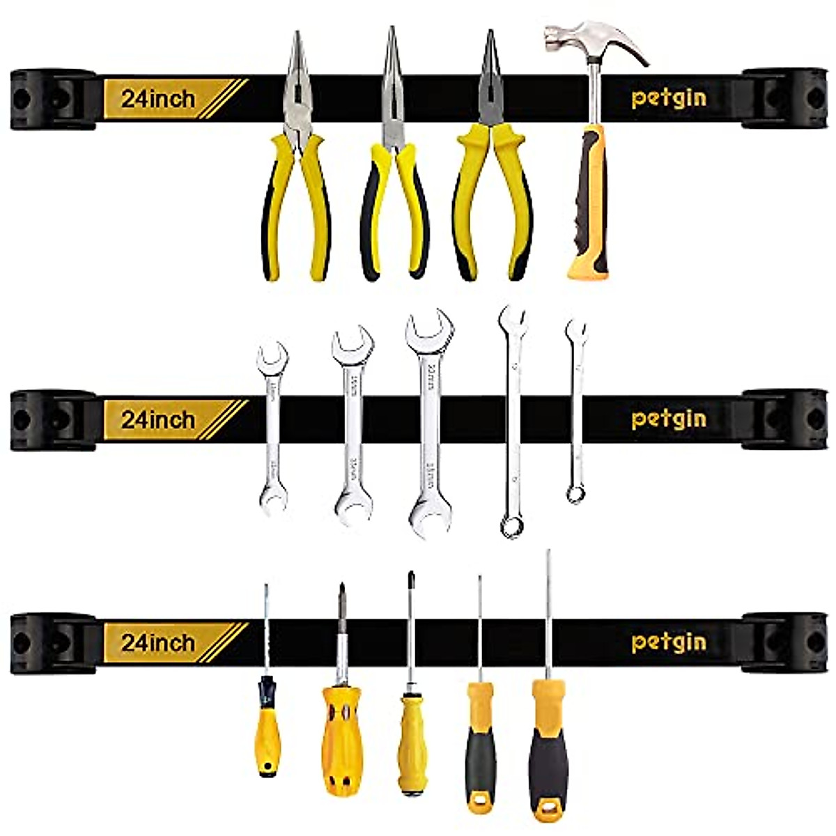 Petgin Magnetic Tool Holder 24 Inch 3 Pack Heavy Duty Magnet Tool Bar Strip Rack Wall Mount for Tool Box Organizers and Storage (With Buckle,Splicing Installation