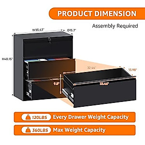 METAN 3 Drawer Metal Lateral File Cabinet for Home Office, Large Deep Metal File Cabinet with Lock, 35.43 Inches Wide for Letter/Legal A4 Size, Assembly Required, Black