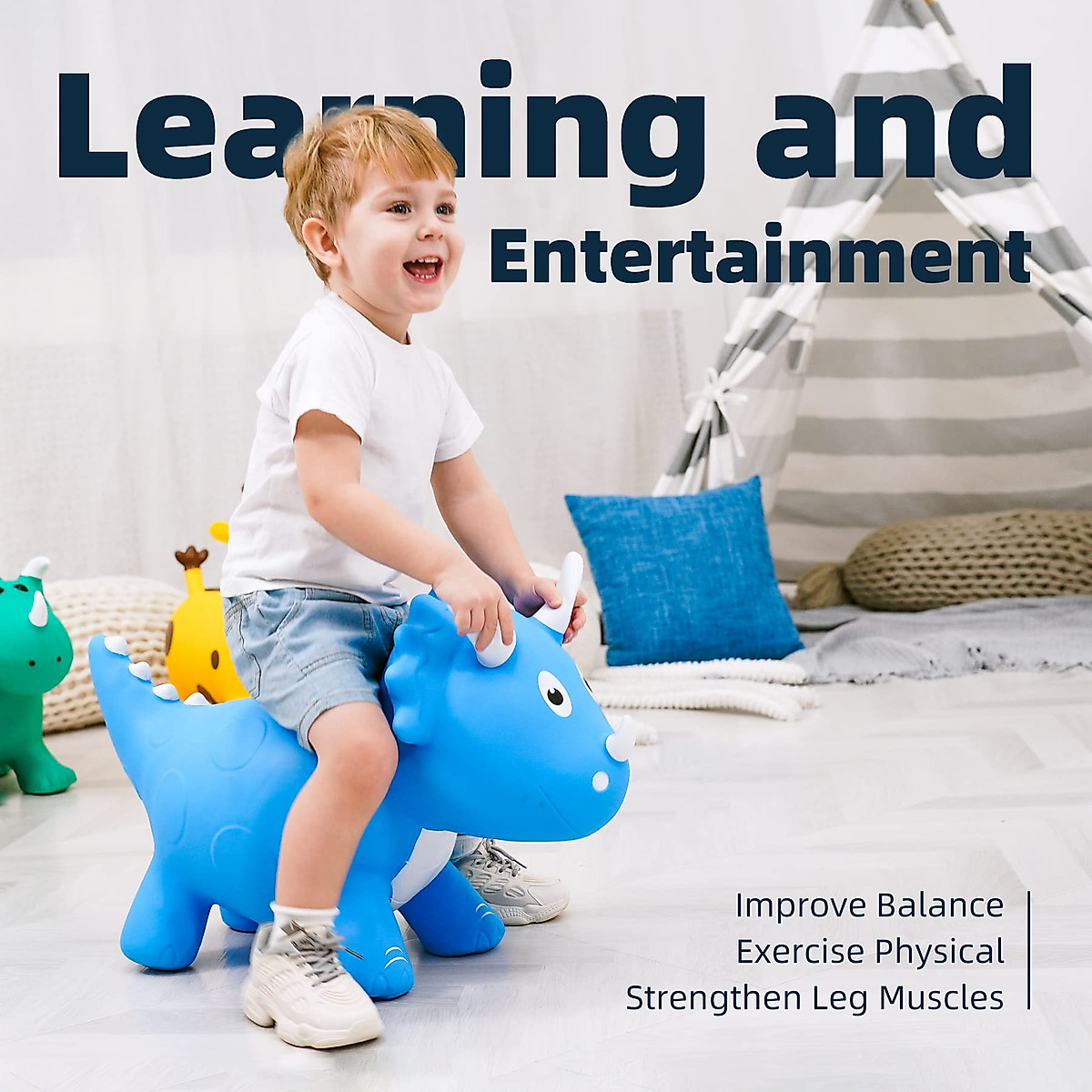 EVERICH TOY Kids Dinosaur Bouncy Animal Toys, Inflatable Triceratops Bouncer, Ride on Bounce Hopper, Indoor Outdoor Activity Birthday Gift for 18 Months 2 3 4 Years Old Boys