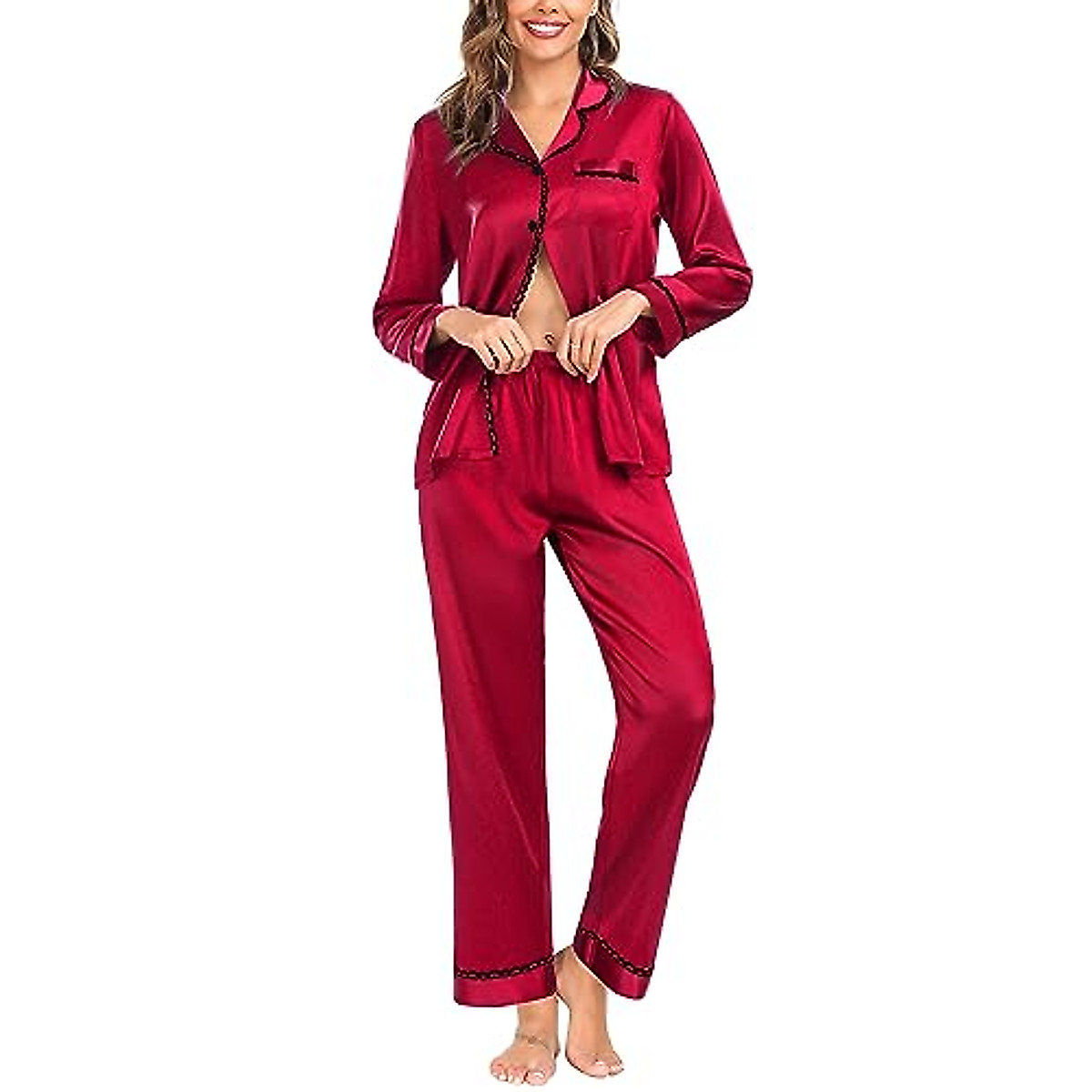 SWOMOG Womens Silk Satin Pajamas Silk Lounge Sets Two Piece Long Sleeve Button Up Shirts and Lounge Pants Set Comfy Soft Red