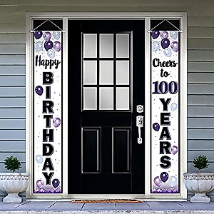 LASKYER Happy 100th Birthday Purple Door Banner - Cheers to 100 Years Old Birthday Front Door Porch Sign Backdrop,100th Birthday Party Decorations.