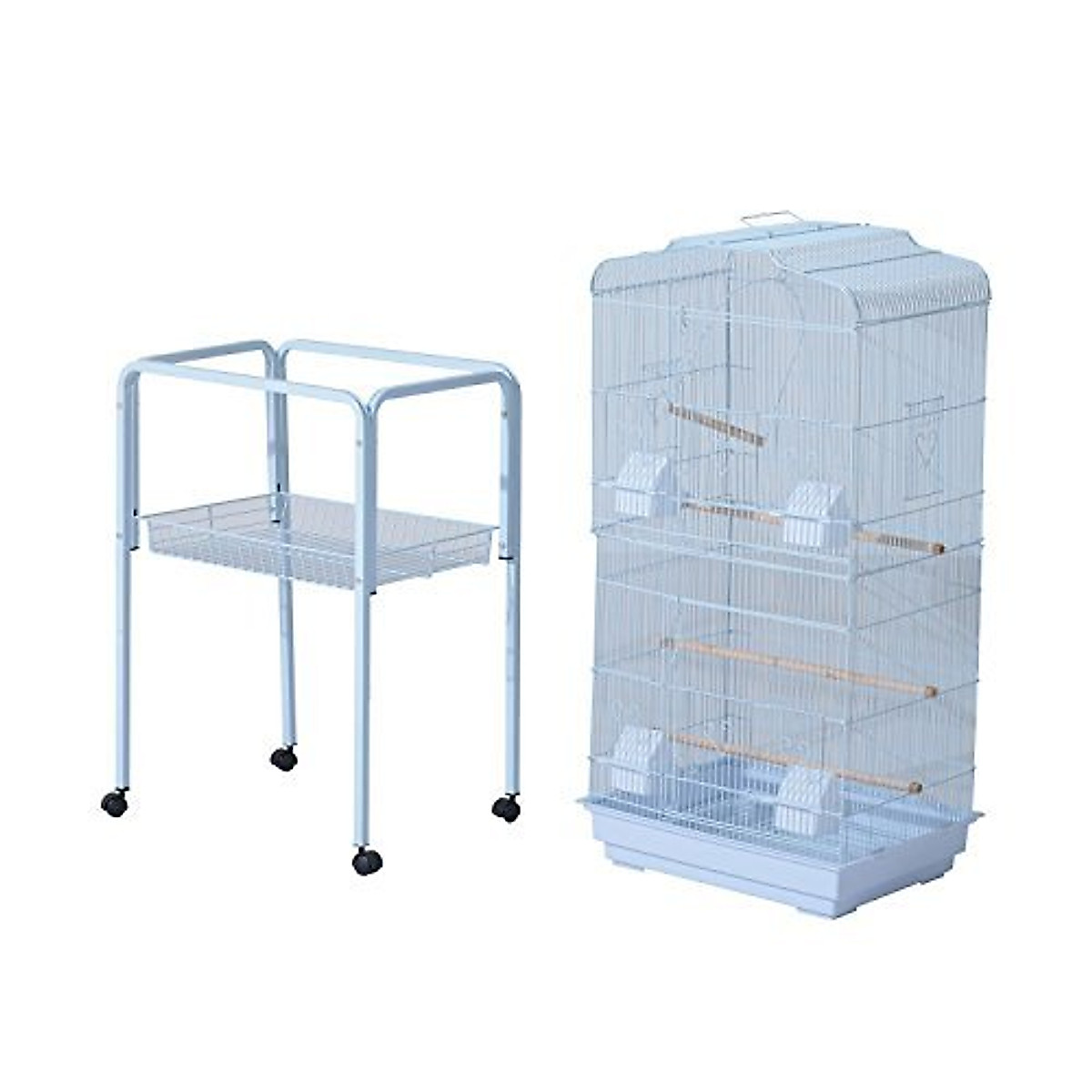 PawHut 63" Metal Indoor Bird Cage Starter Kit With Detachable Rolling Stand, Storage Basket, And Accessories, White