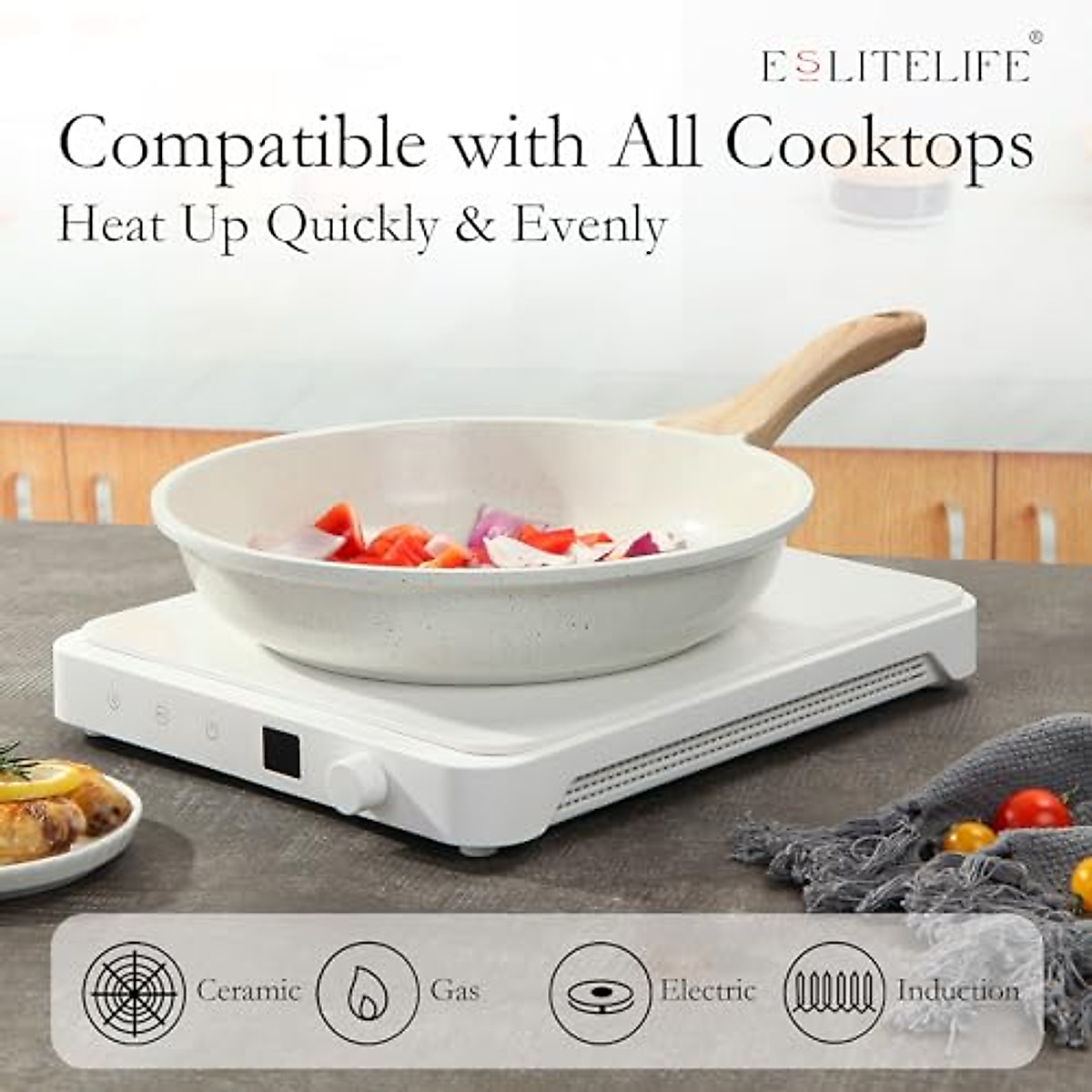 ESLITE LIFE Nonstick Ceramic Frying Pans Skillets Set, Non-Toxic Egg Omelette Kitchen Cooking Pans Compatible with All Stovetops (Gas, Electric & Induction), PTFE & PFOA Free (White)