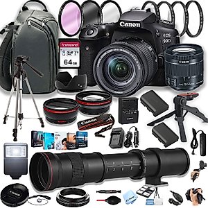 Canon EOS 90D DSLR Camera w/EF-S 18-55mm F/4-5.6 STM Zoom Lens + 420-800mm Super Telephoto Lens + 100S Sling Backpack + 64GB Memory Cards, Professional Photo Bundle (42pc Bundle)