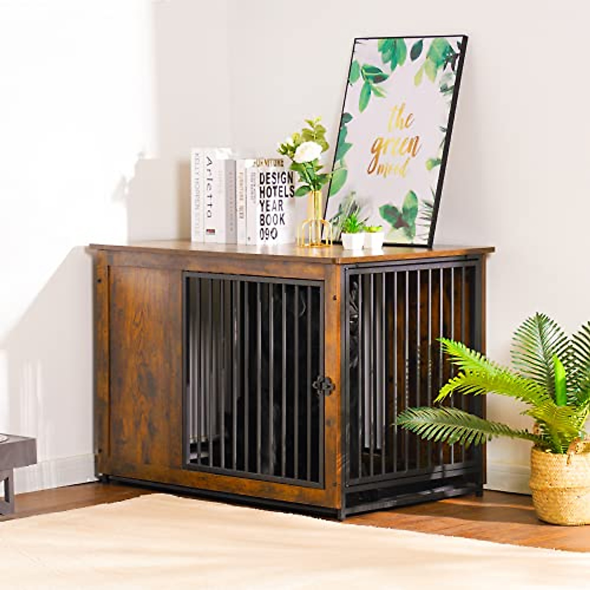 Heybly Furniture Style Dog Crate,Wooden Pet Kennels with 3 Doors,Indoor Pet Crate End Table with Removable Tray for Dogs Under 60lbs, Rustic Brown and Black HFC102SR