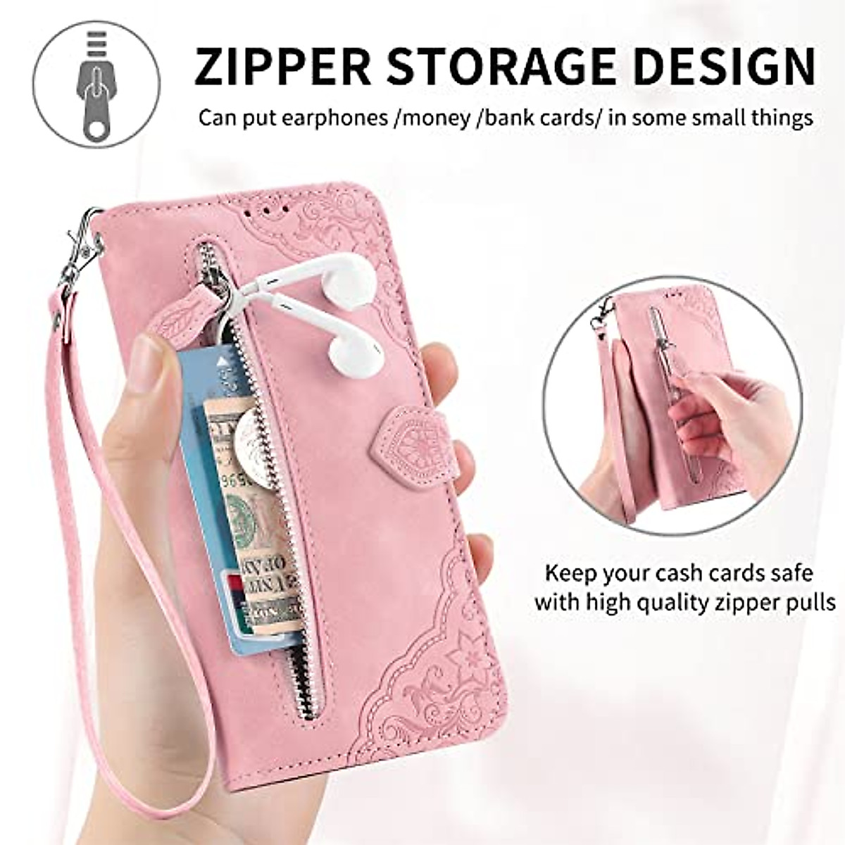 HUANGTAOLI PU Leather Handbag Cover Case for Oppo Reno4 Z 5G, Magnet Closure Zipper Wallet Case for Oppo Reno4 Z 5G Pink