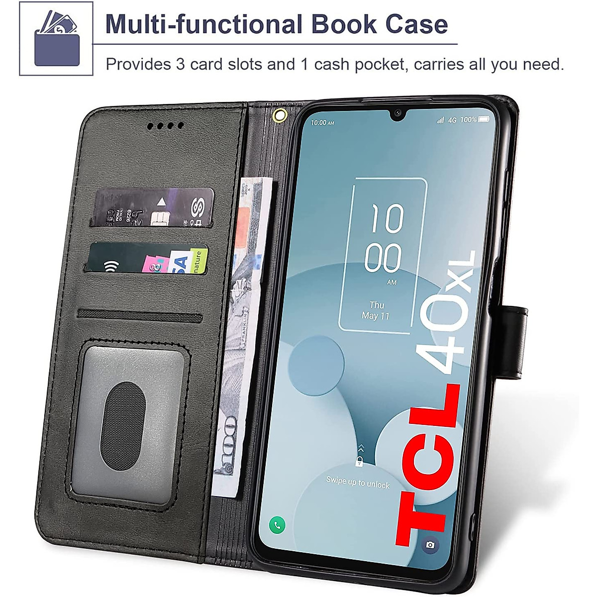 TTYSHTT for TCL 40 XL Case and Tempered Glass Screen Protector, PU Leather Flip Cover Wallet Phone Case Protector [Full Protection] [Card Slots] [Kickstand] for TCL 40 XL, Black