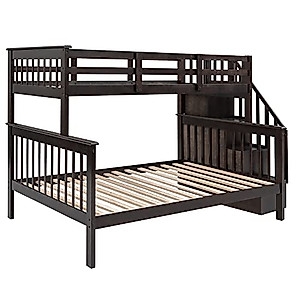 Woanke Twin Over Full Stairway Bunk Bed, Solid Wood Bed Frame with with Twin Size Trundle, Stairway, Storage and Guard Rail for Bedroom, Dorm, No Need Spring Box, Espresso