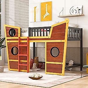 Harper & Bright Designs Full Size Loft Bed with Underbed Storage Space, Boat Shaped Kids Loft Bed with Safety Guardrails and Ladders, Wood Low Loft Bed for Kids Teens Boys & Girls (Full, Walnut)