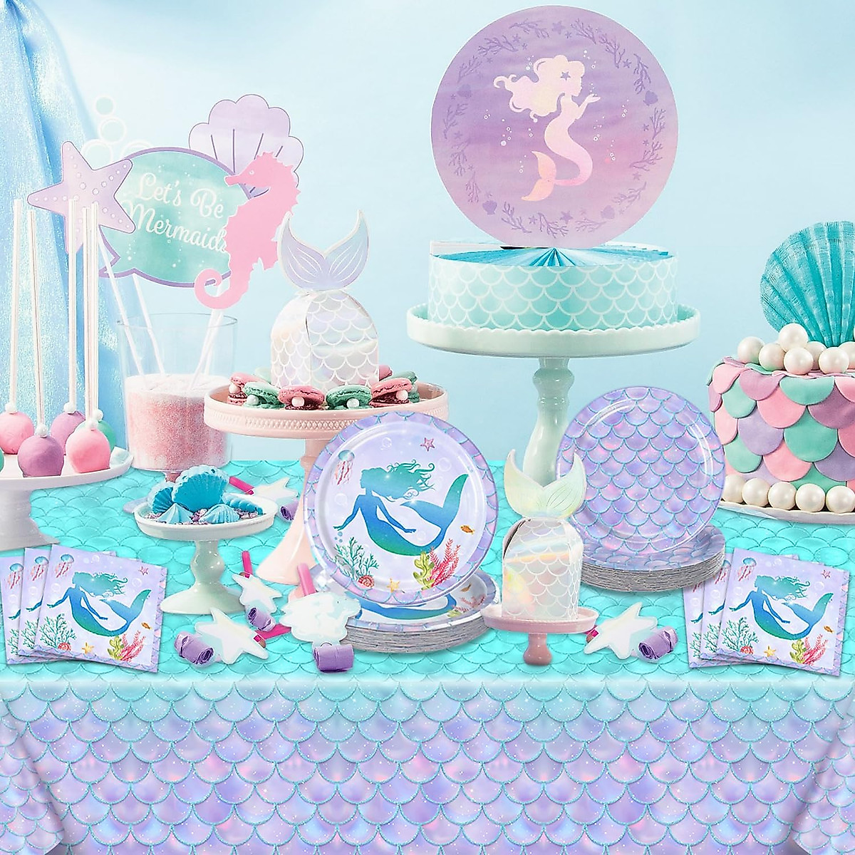 pewatul Mermaid Tablecloth -Mermaid Birthday Decorations Disposable Rectangle Table Cloths for Party Girls Baby Shower Themed Birthday Party Favors,54 x 108 Inch 3pc