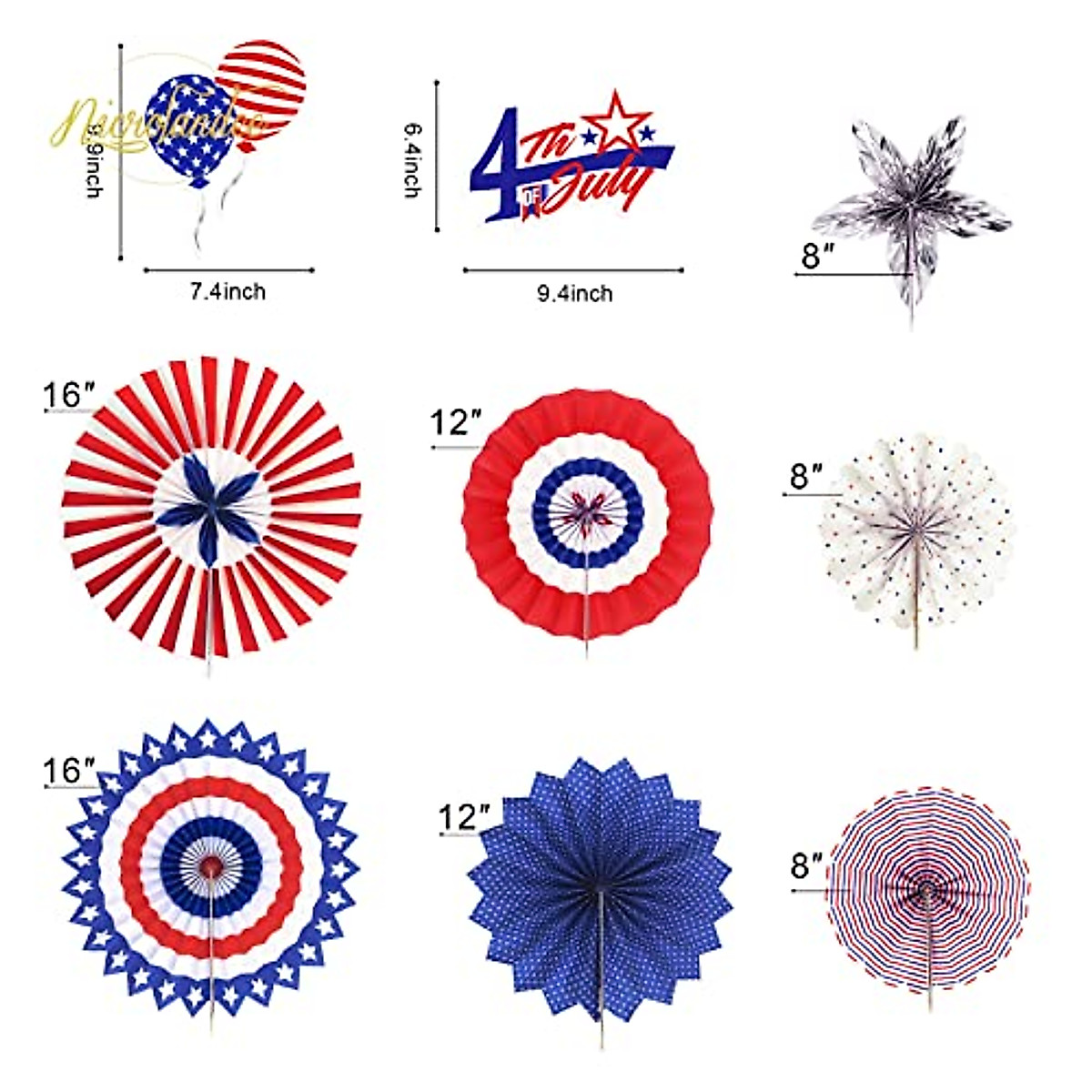 NICROLANDEE 4th of July Decorations, 32PCS Red White Blue Patriotic Party Decor, Flag of Paper, Fans, Pom Poms, USA Party Supplies for Independence Day, Labor Day, Presidents Day
