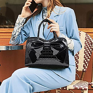 XingChen Shiny Women Handbag Patent Leather Bowknot Purse Charm Glossy Top-Handle Satchel Tote Fashion Shoulder Bag(Black)
