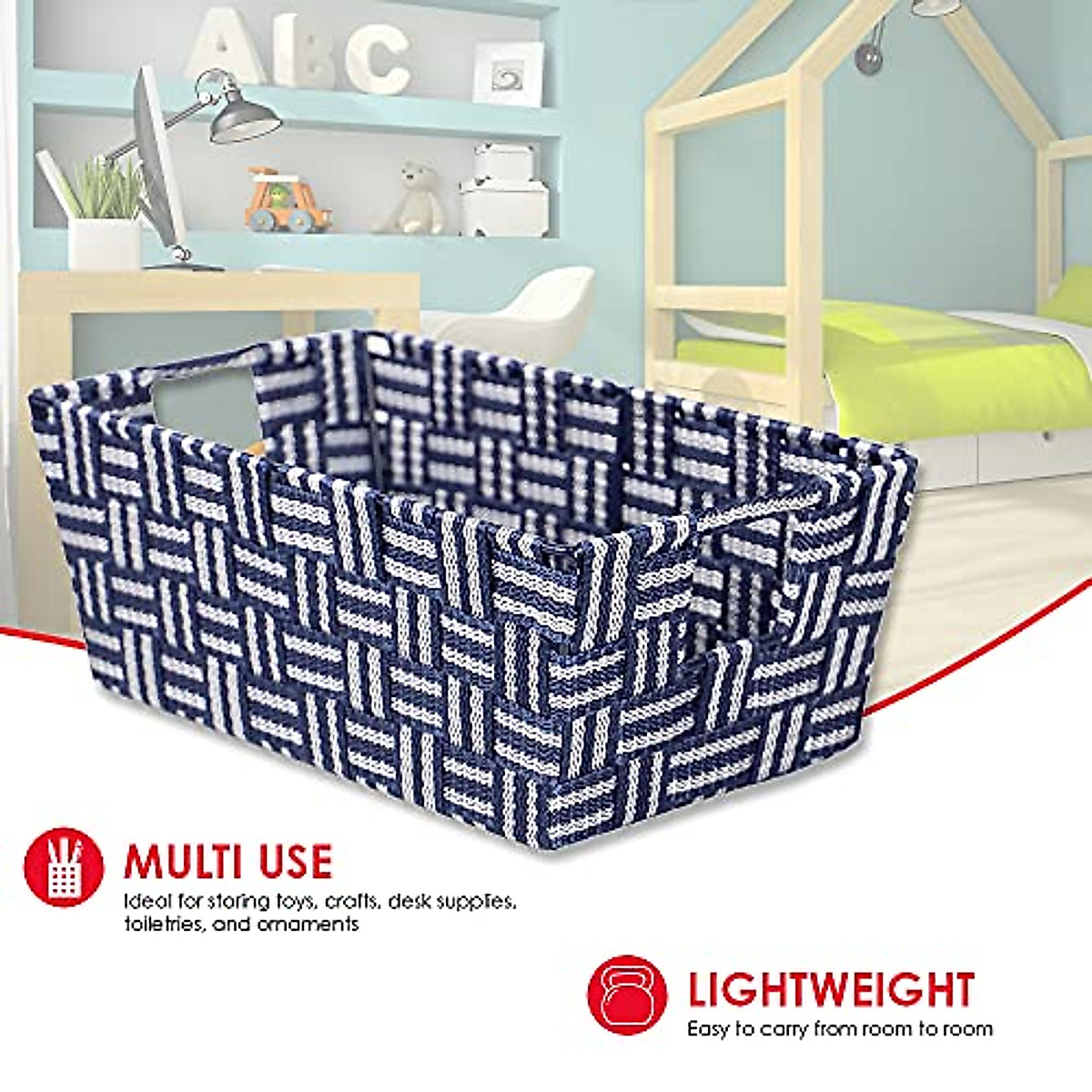 Home Basics Stripe Woven Strap Storage Bin | Various Black | Blue | Brown | Grey | Great for Storage | Metal Frame | Lightweight with Handles | Sturdy Construction (Blue, Small)