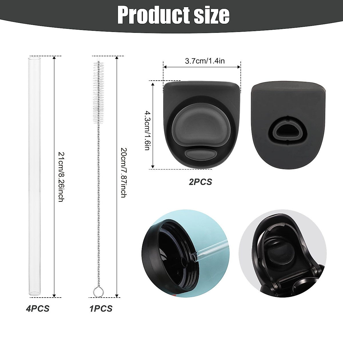 2pcs Replacement Stopper Cap Compatible with Owala Freesip 24oz 32oz, with 4 Reusable Replacement Plastic Straws 1 Cleaning Brush Seal Water Bottle Top Lid Accessories