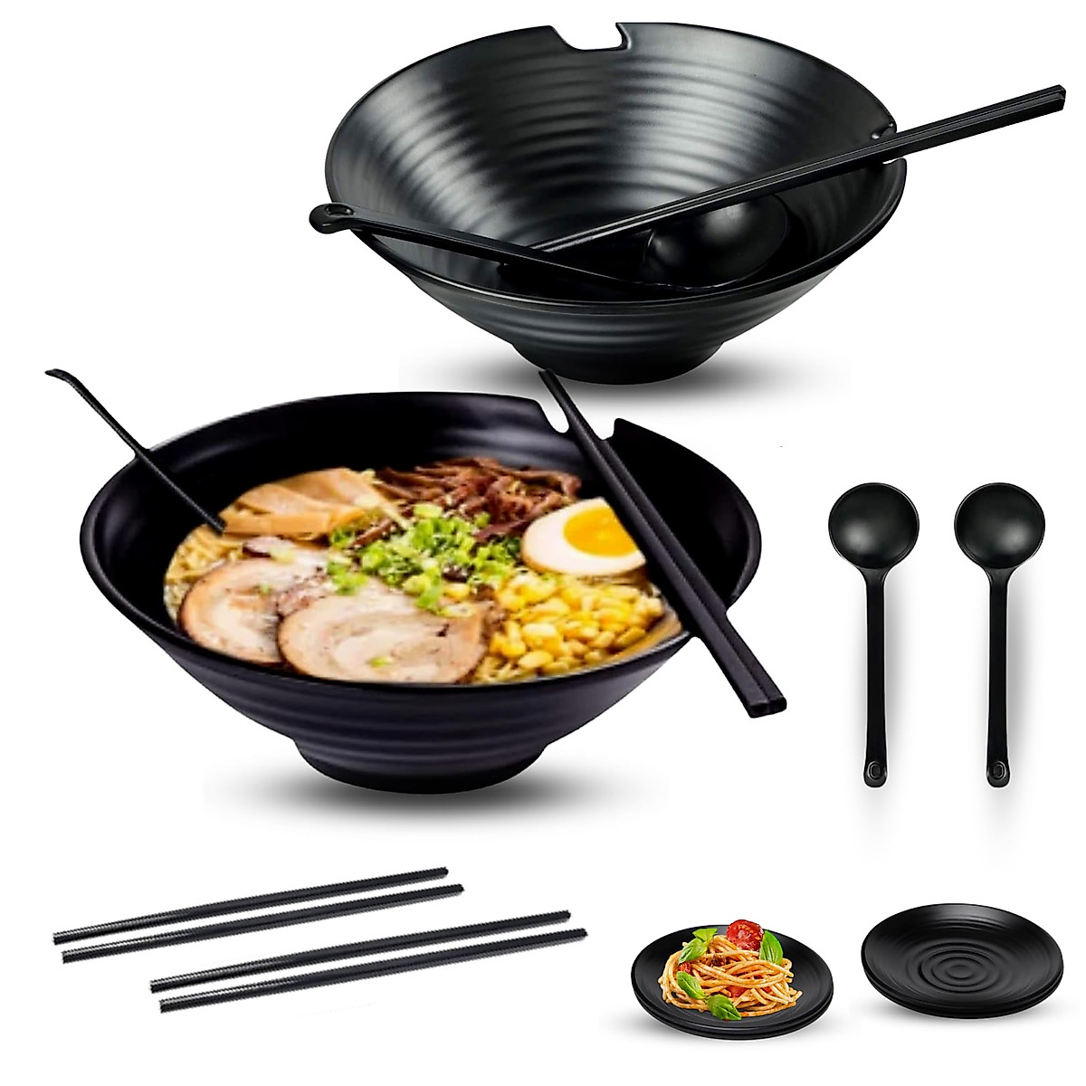 MORGY Unbreakable Set of 2 Ramen Bowls with chopsticks and Spoons- 42 OZ Japanese Style Black Noodle Soup Bowls Set- Asian Soup Bowl for Ramen, Pho, Salad, Poke, Soup, Chopstick Holders