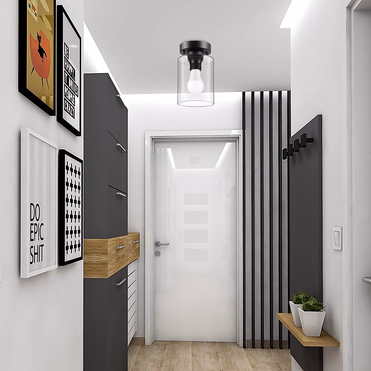 Boostarea Semi Flush Mount Ceiling Light, Industrial Hanging Ceiling Pendant Lamp With Clear Glass Shade, Farmhouse Light Fixture for Porch Hallway Corridor Kitchen Bathroom Bedroom, Bulb Not Included