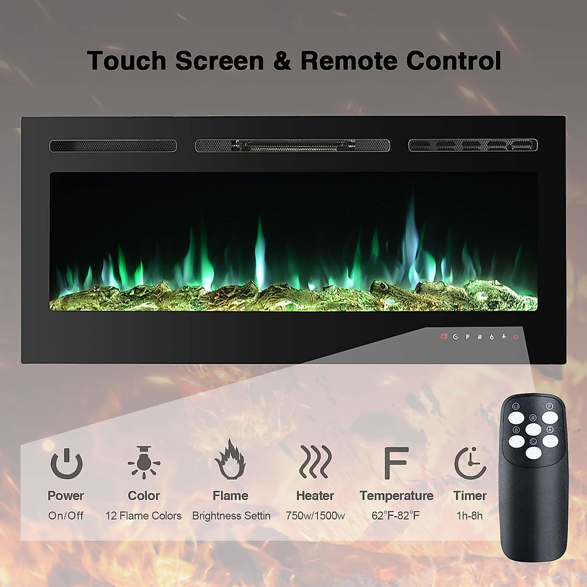 50 Inch Electric Fireplace Inserts, Quiet Wall Mounted Fireplace, Led Fireplace for Living Room, Recessed Electric Fireplace, Linear Fireplace, Logs & Crystal, 750/1500W