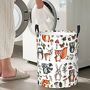 Woodland Animals Watercolor Bear Deer Squirrel Owl Mushroom Laundry Hamper With Handle Foldable Durable Laundry Basket Storage Bin Dirty Clothes Organizer Bag For Bedroom Bathroom Nursery