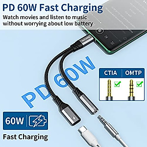 USB C to 3.5mm Headphone and Charger Adapter, 2-in-1 Type C to Aux Jack Cable with PD 60W Fast Charging for iPhone 15 Plus 15 Pro Max, Samsung Galaxy S20 S21 S22 S23, Note 20 10, iPad Pro Air4, Pixel