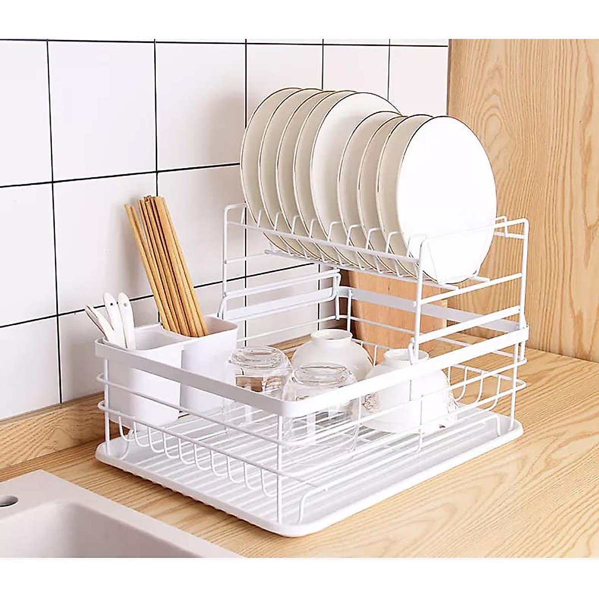 Mnml Home Dish Drying Rack for Kitchen Counter – Large Dish Rack & Drainboard Set - Dish Drainer for Sink – Dishwasher Rack Kitchen Storage with 4 Different Pieces & Tier Material (White)