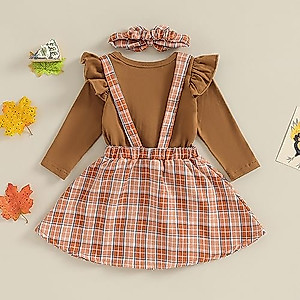 Baby Girls Thanksgiving Outfits Long Sleeve Newborn Romper and Suspender Plaid Skirt Set Infant Fall Winter Clothes (Brown, 3-6 Months)