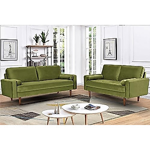 US Pride Furniture Velvet 70" Sofa Couch, Iconic Mid-Century Style Living Room Furniture with Contemporary Silhouette, Button Tufting and Wood Legs, Includes 2 Bolster Pillows, Olive Green