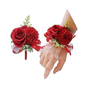 2 Pack Flower Wrist Corsage Boutonniere Set,3" Artificial Rose and Carnation Handmade Silk Flower for Wedding Flowers Accessories Prom Suit Decor (Red)