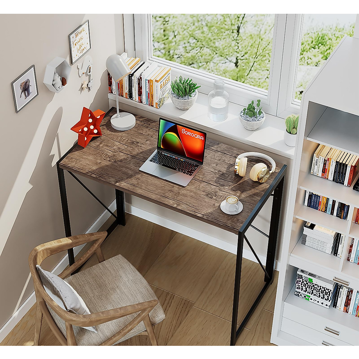 Coavas Small Folding Desk, No Assembly Required Computer Desks, 31.5 inch Spaces Saving Foldable Table for Bedroom, Home Office, Dorm, Apartment, Brown