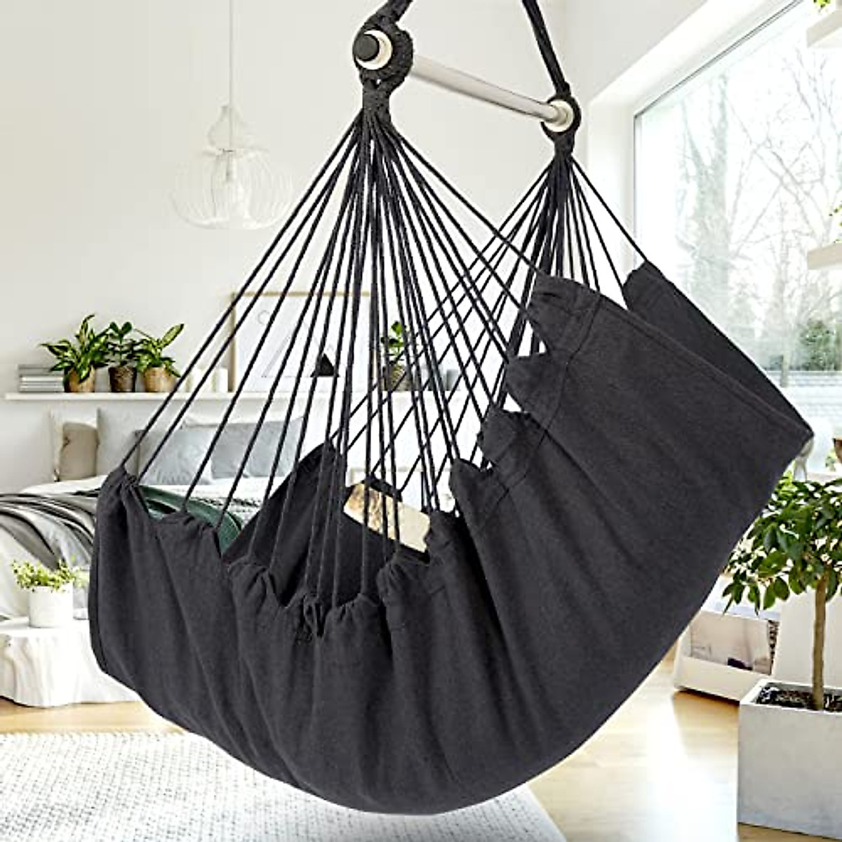 Y- Stop Hammock Chair Hanging Rope Swing, Max 500 Lbs, 2 Seat Cushions Included, Quality Cotton Weave for Superior Comfort, Durability with Hardware kit (Dark Grey)