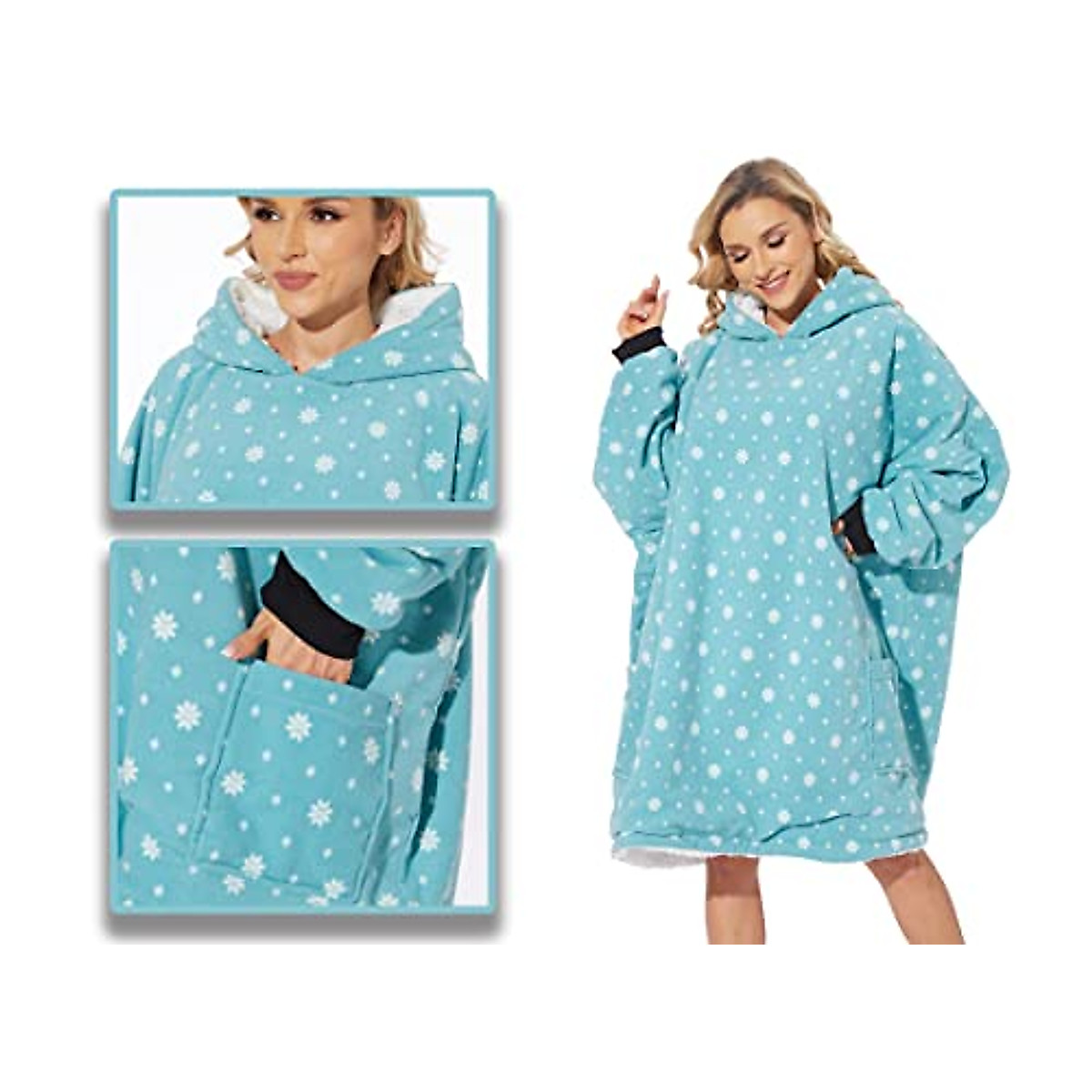 Wearable Blanket Hoodie,Super Soft Warm Oversized Blanket Sweatshirt Flannel Sherpa Blanket with Giant Pocket for Men Women Teens Friends (Blue Snowflake)