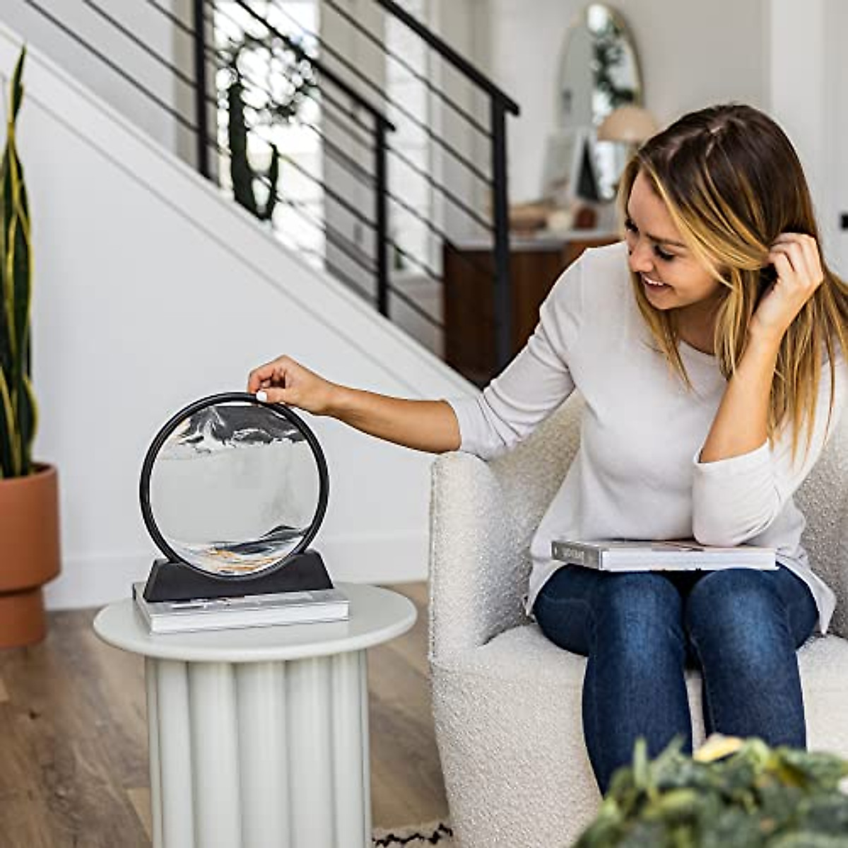 A Mindful Office Moving Sand Art Decor (10 Inch) - Perpetual Motion Desk Toy Brings Uniquely Relaxing Vibe to Your Home Round Glass Frame with Black, White and Gold Liquid sandart12inchbwg 12 Inch